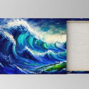 Blue Ocean Wave Canvas, Wind Water Surf Painting, Nautical Vibrant ...