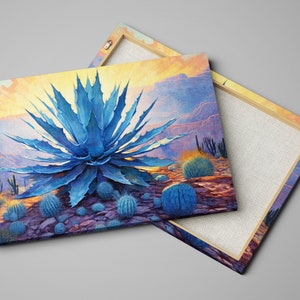 Vivid Blue Agave With Barrel Cacti, Desert Canvas Canvas Art, Southwest ...