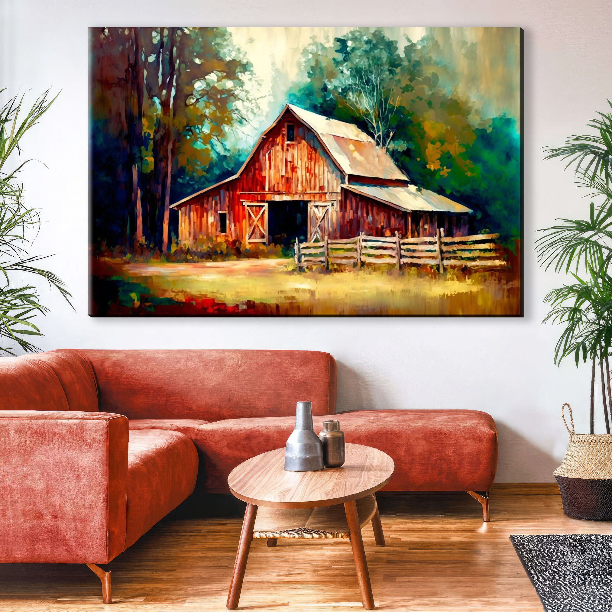 Red Barn Canvas Wall Art, Rural Countryside Painting, Farmhouse ...