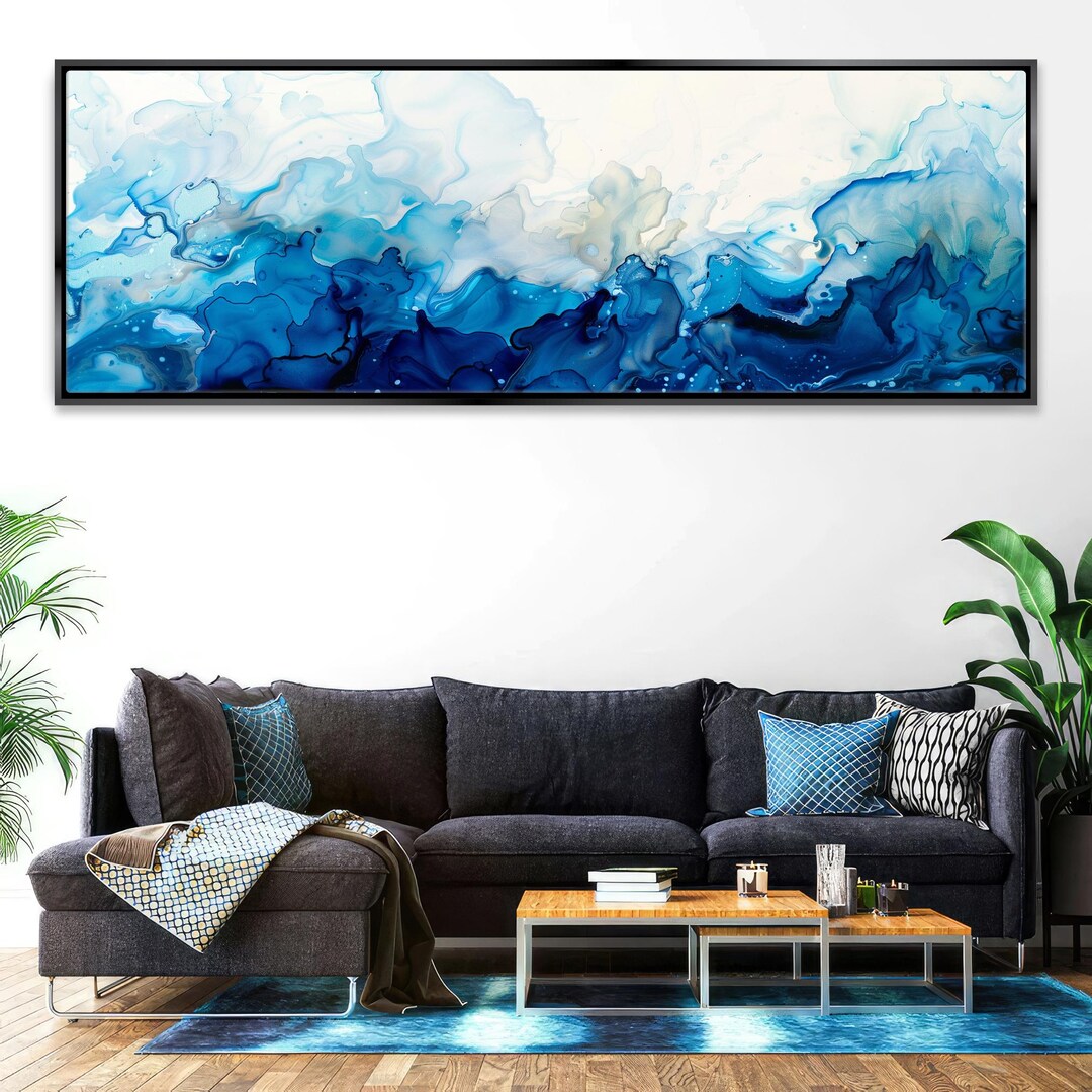 Blue Abstract Ink Flow Panoramic Canvas Print, Framed Unframed, Long ...