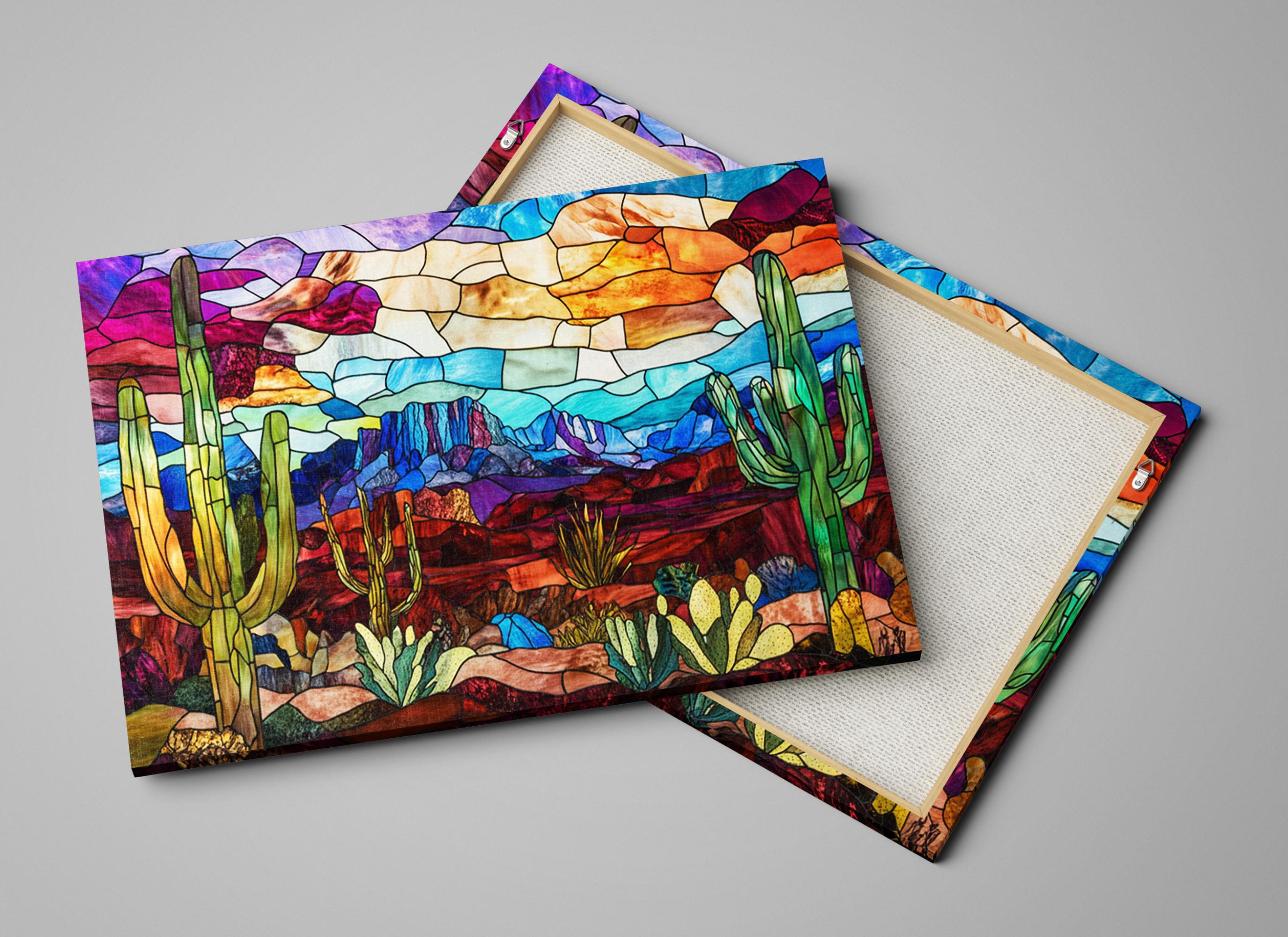 Vibrant Colorful Arizona Desert Stained Glass Style, Southwest Canvas ...