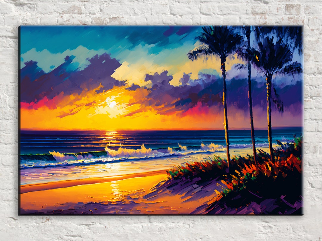 Beach Canvas, Coastal Beach Scene Painting, Nautical Vibrant Colorful ...