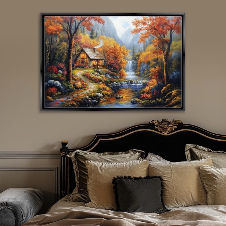 Cozy Autumn Landscape Canvas Print, Fall Scene, Framed or Unframed ...