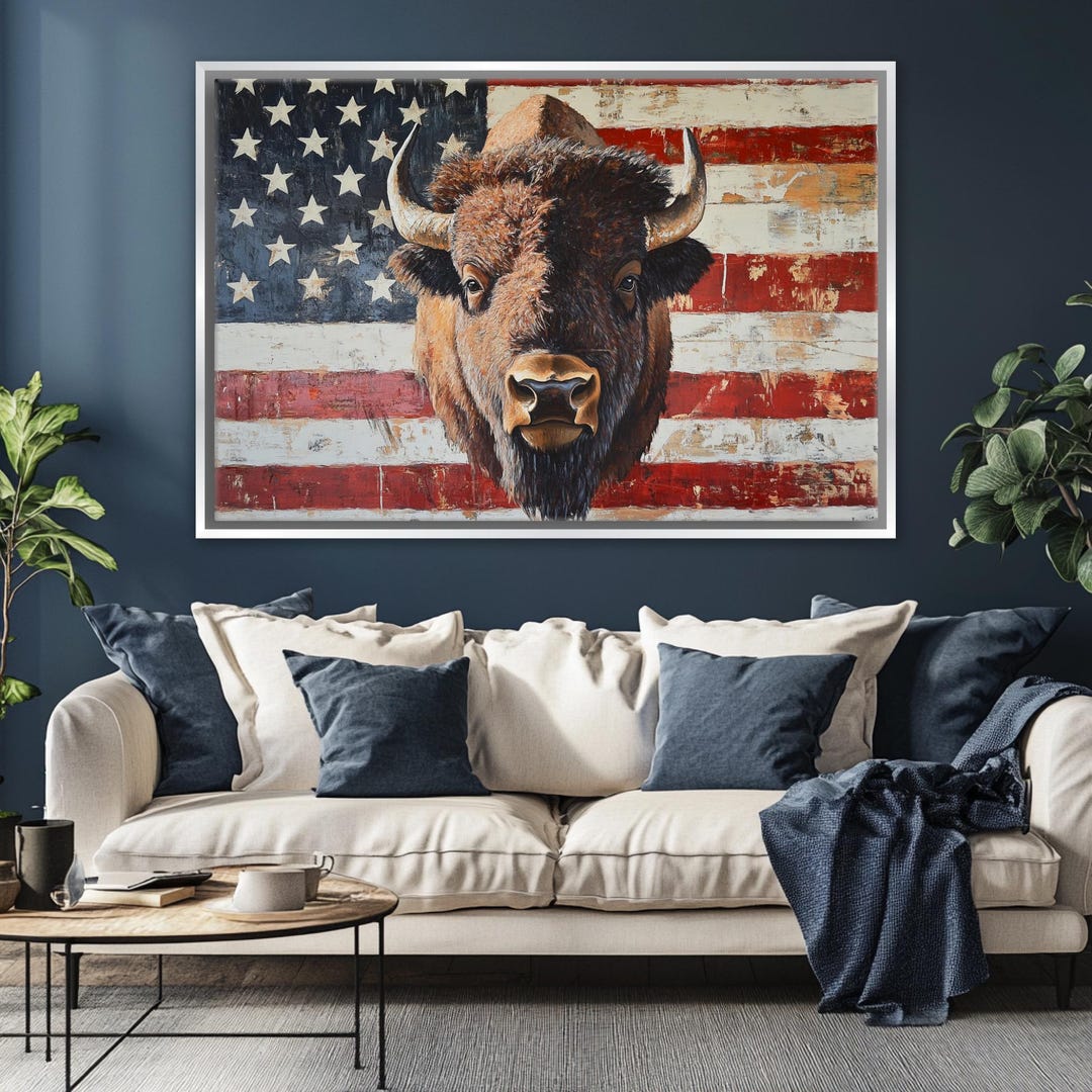 Patriotic Bison With American Flag Canvas Print, Framed or Unframed ...