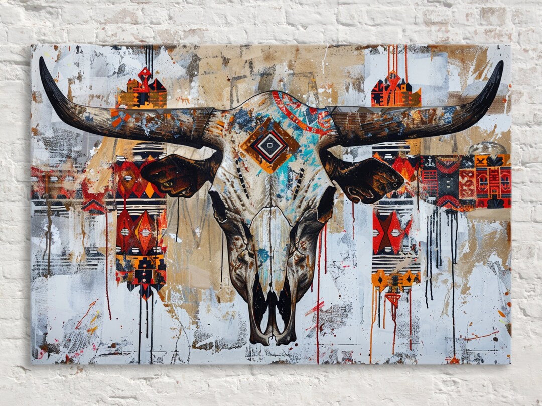 Native American Cow Skull, Abstract Tribal Art, Giclée Print on Gallery ...