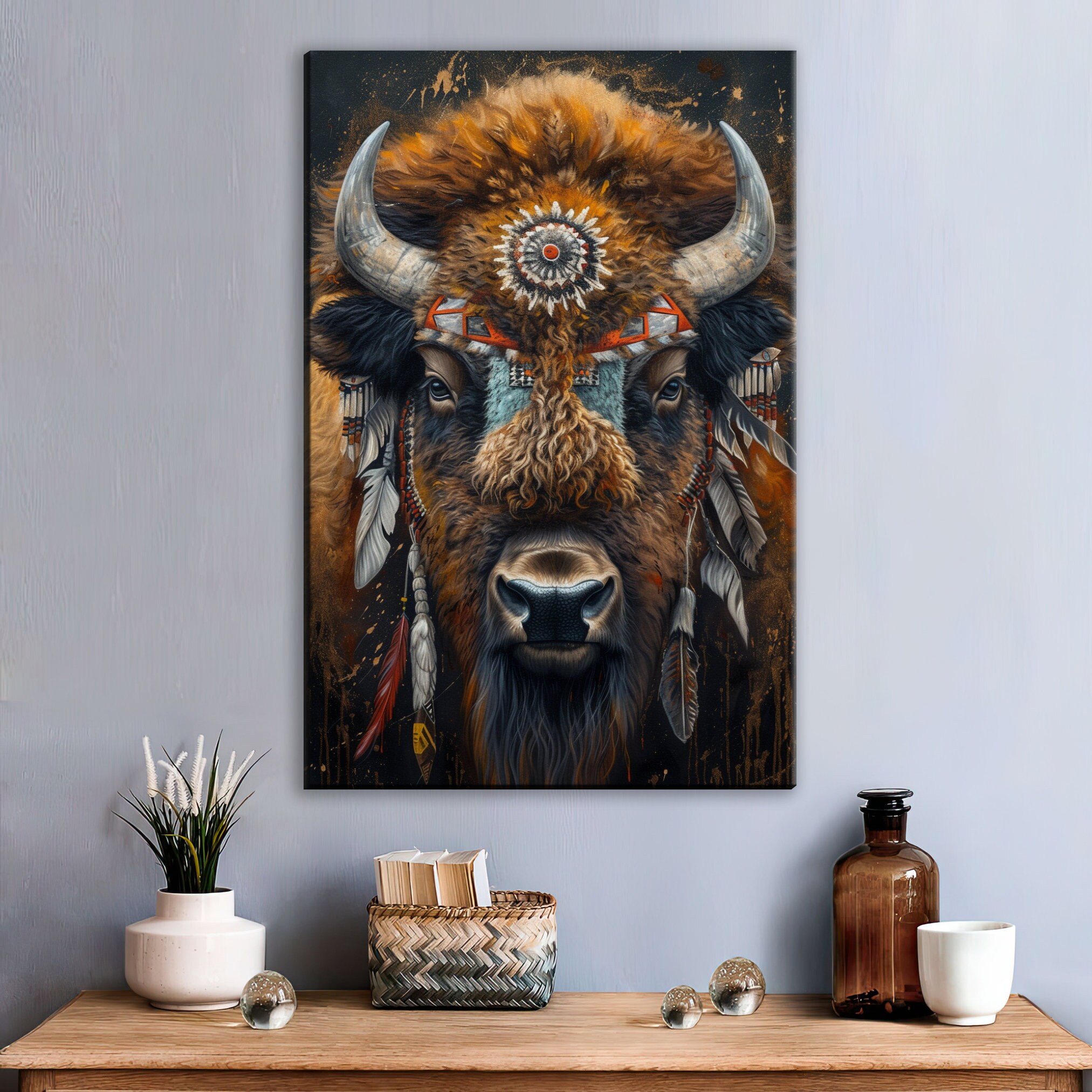 Bison With Native American Decorations, Giclee Print on Gallery-wrapped ...