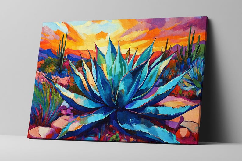 Blue Agave Cactus Canvas Print, Desert Landscape Scene, Framed or ...