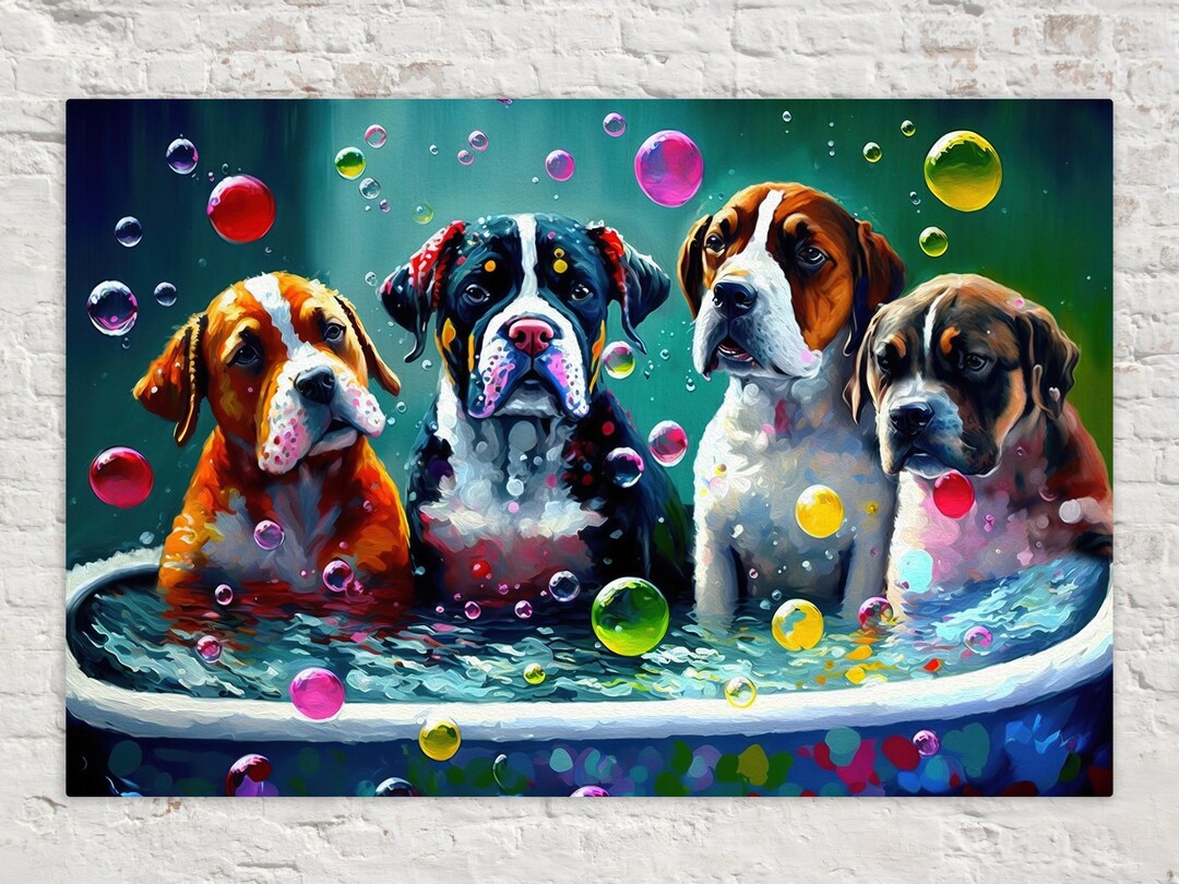 Dogs Playing Art, Dog Bath Canvas, Painting Print, Vibrant Colorful Art ...
