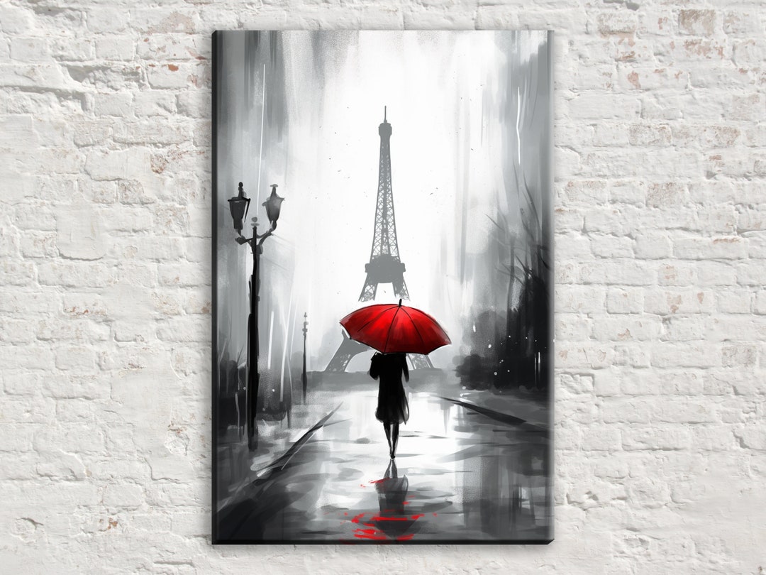 Black and White Paris Canvas, French Woman With Red Umbrella, Paris ...
