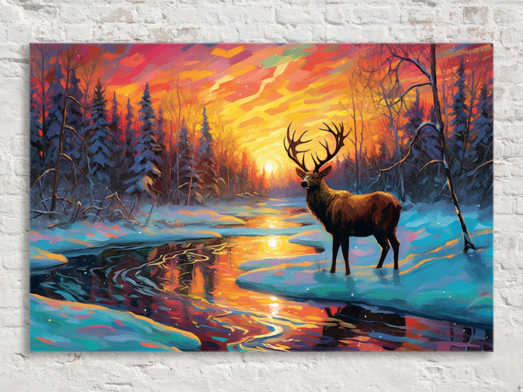Winter Deer Sunset Landscape, Vibrant Snowy River Art, Giclee Print on ...