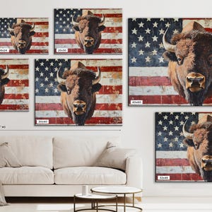 Patriotic Bison With American Flag Canvas Print, Framed or Unframed ...