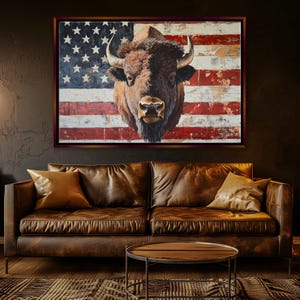 Patriotic Bison With American Flag Canvas Print, Framed or Unframed ...