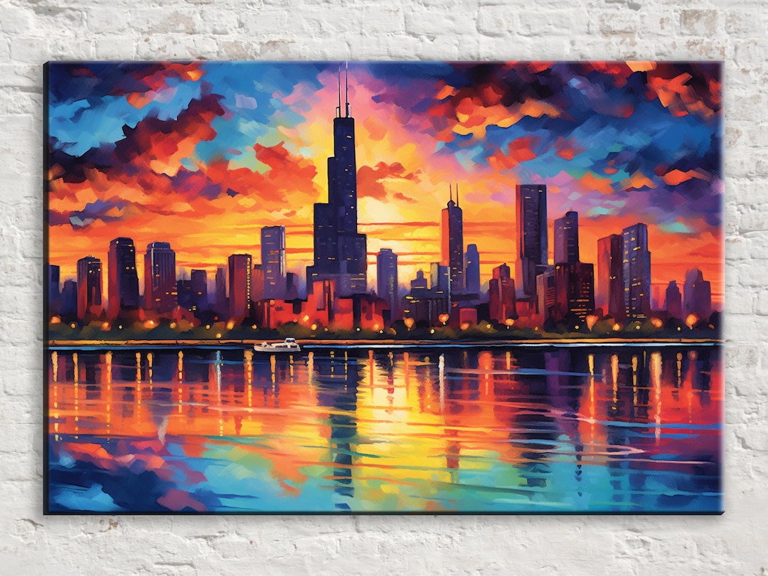 Chicago Skyline at Night Canvas Print, Vibrant Chicago City Lights ...