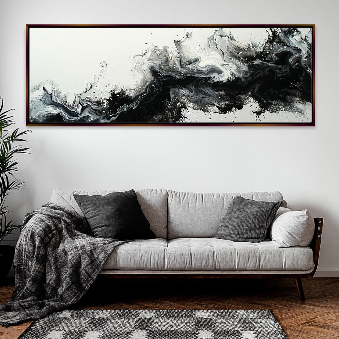 Black and White Flowing Abstract Panoramic Canvas Print, Framed or ...