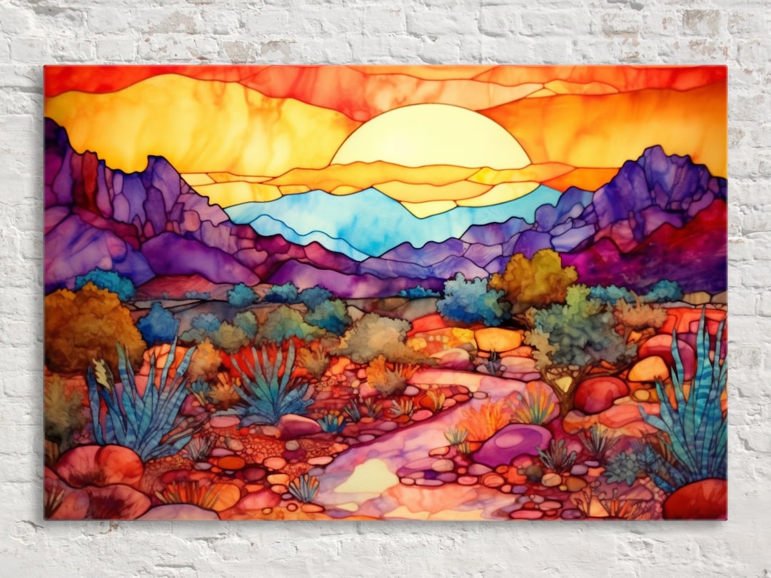 Desert Sunset Stained Glass Style, Alcohol Inks Canvas, Southwest Wall ...