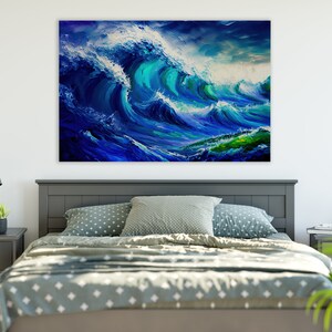 Blue Ocean Wave Canvas, Wind Water Surf Painting, Nautical Vibrant ...
