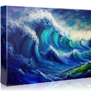 Blue Ocean Wave Canvas, Wind Water Surf Painting, Nautical Vibrant ...