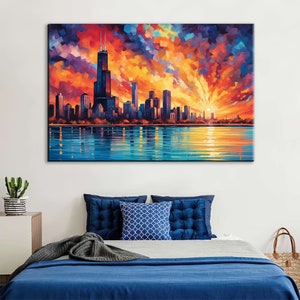 Chicago Sunset Canvas, Chicago Skyline Wall Art, Urban Cityscape Decor ...
