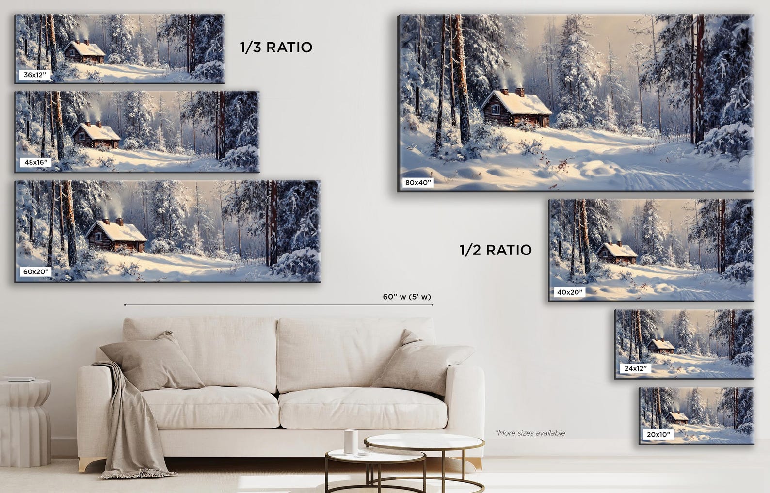 Long Horizontal Cozy Cabin in Snowy Winter Woods Canvas, Framed ...