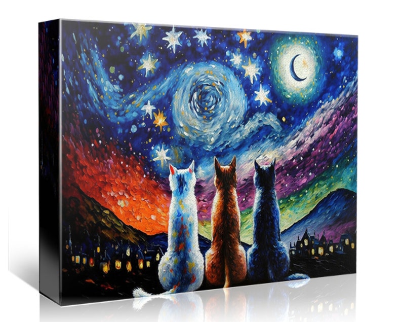 Starry Night Cats Canvas, Cute Cats Painting Reproduction, Vibrant ...