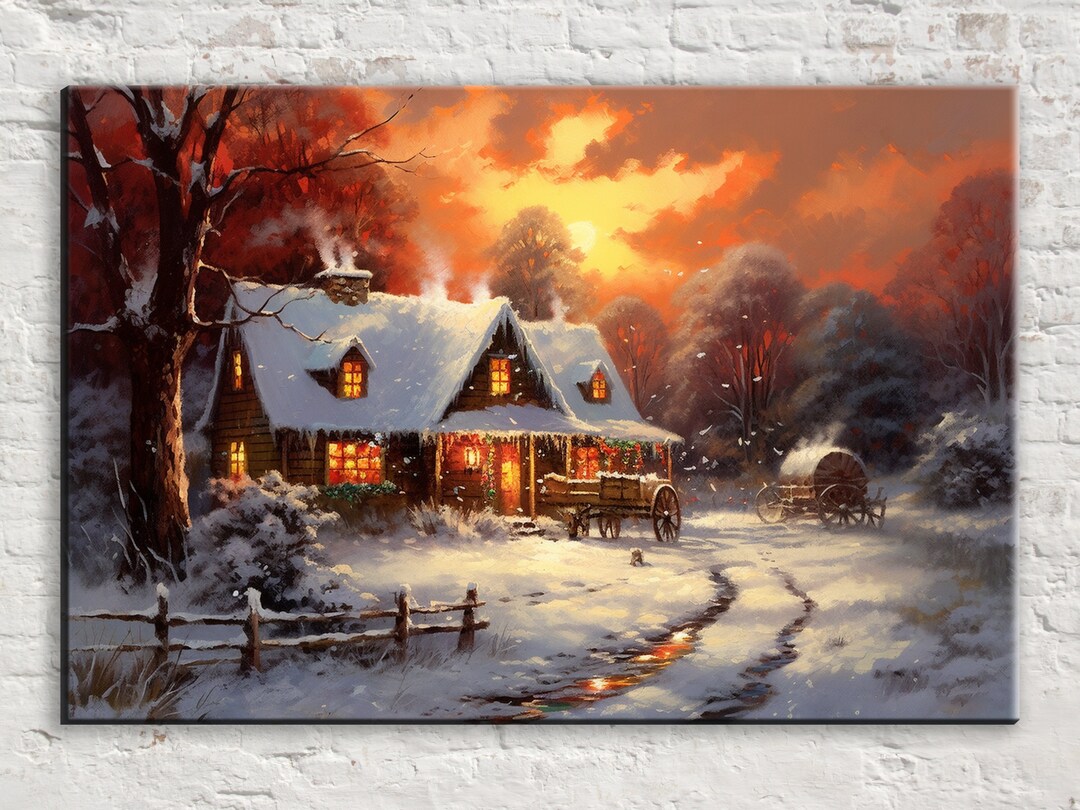 Christmas Cottage - Traditional Holiday Decor, Oil Painting Style ...