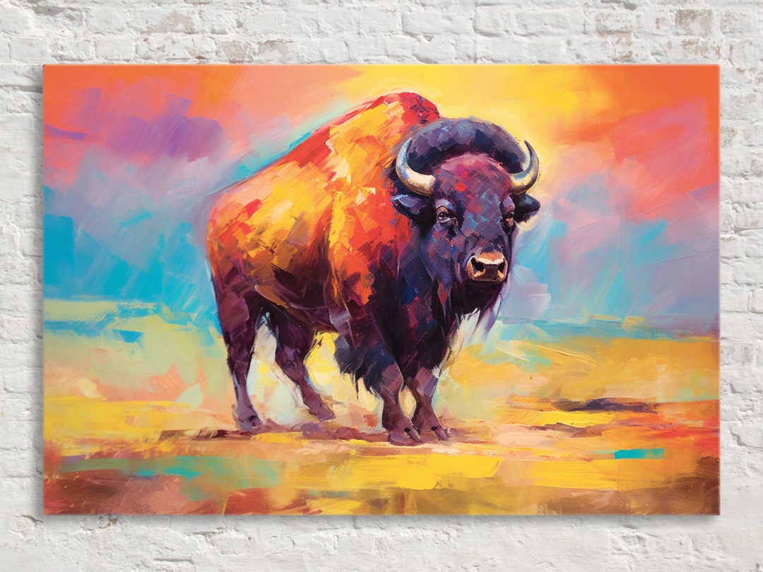 Colorful Buffalo Canvas Print, Wild West Animal Art, Vintage Painting ...