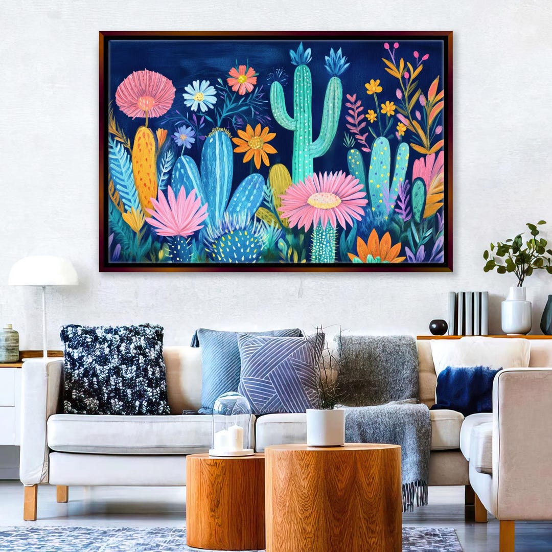 Blue Boho Cacti Scene Canvas Print, Bright Festive Home Decor, Framed ...