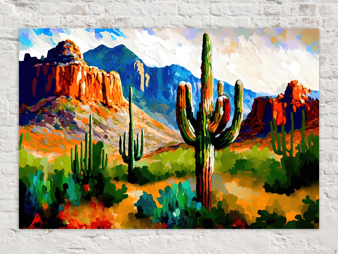 Desert Saguaro Canvas Print, Southwest Landscape Painting, Colorful ...