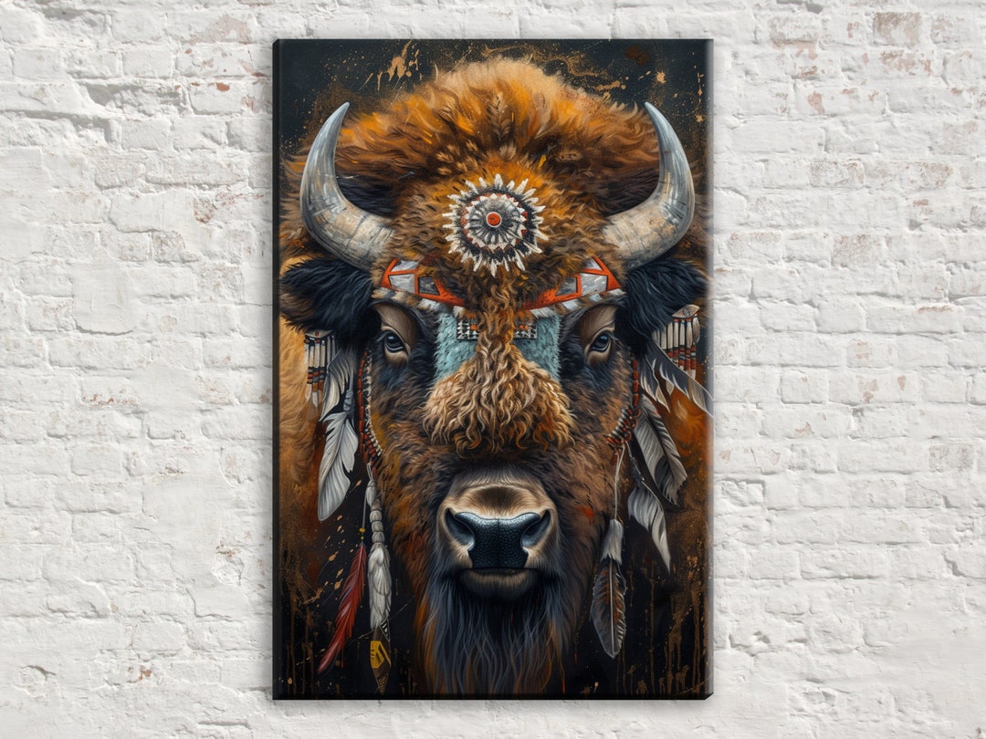 Bison With Native American Decorations, Giclee Print on Gallery-wrapped ...