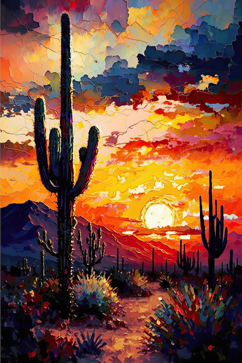 Sunset Cactus Art Canvas Arizona Desert Saguaro Painting - Etsy