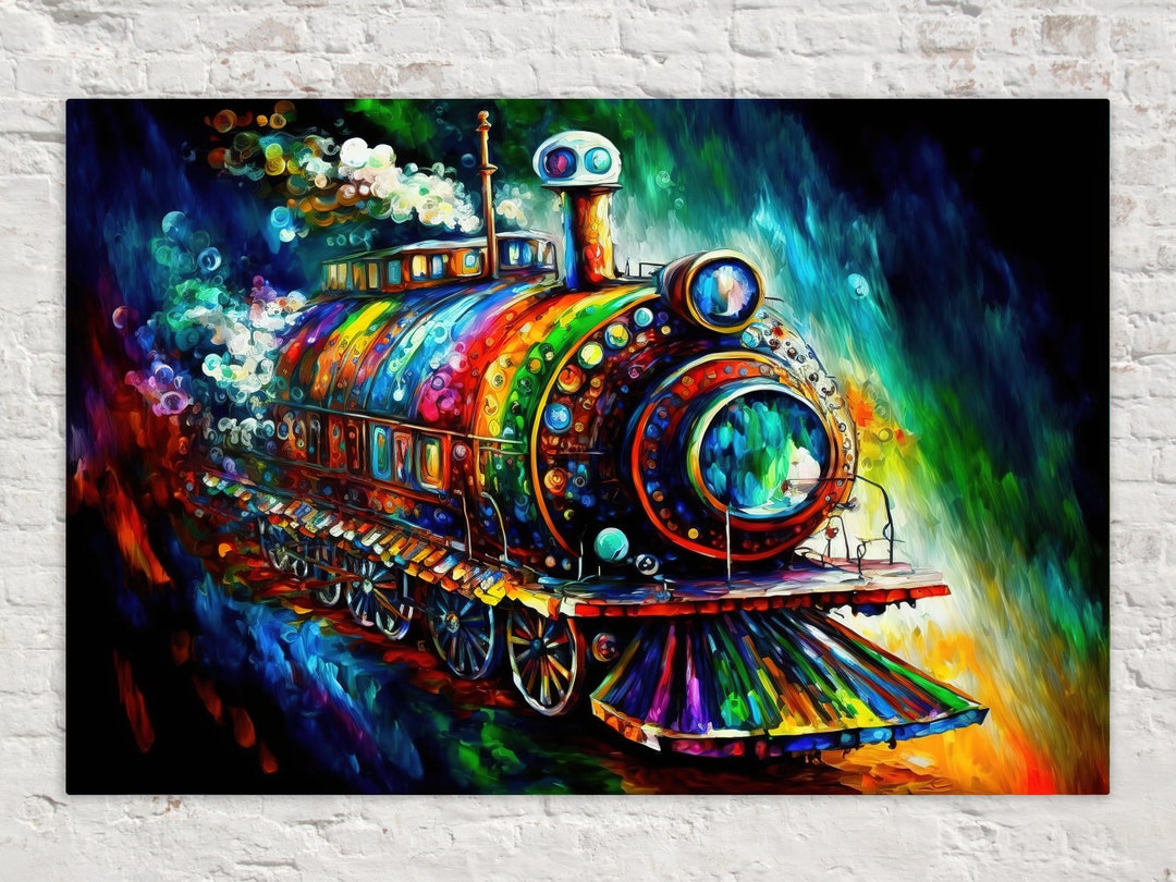 Steampunk Train Art, Colorful Locomotive Canvas, Steam Train Art ...