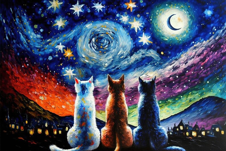 Starry Night Cats Canvas, Cute Cats Painting Reproduction, Vibrant ...