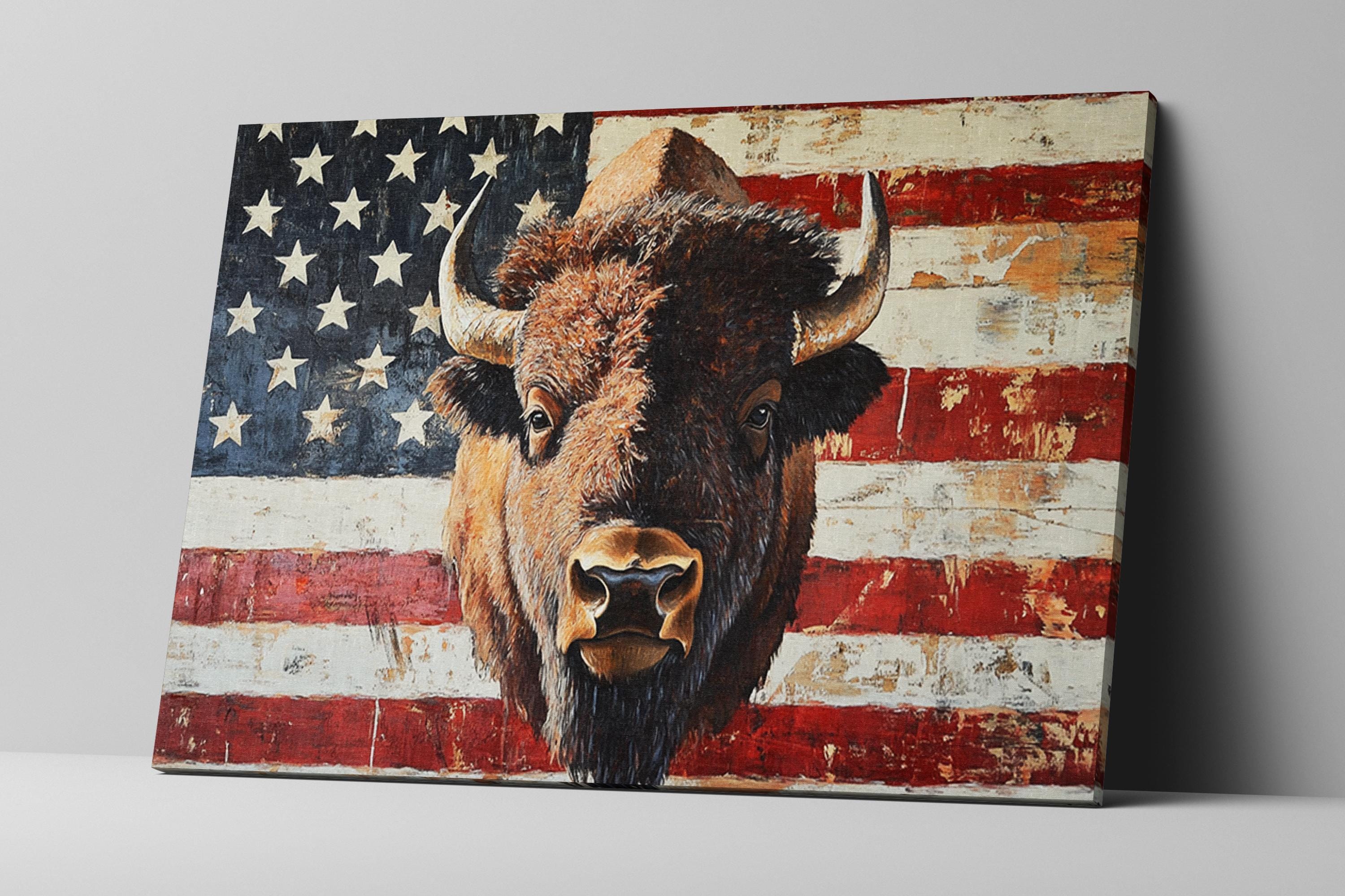 Patriotic Bison With American Flag Canvas Print, Framed or Unframed ...