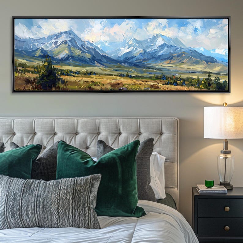 Mountain Scene Panoramic Art, Nature Painting Framed Canvas, Long ...