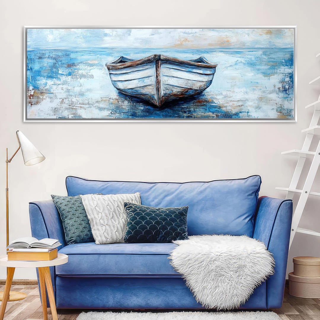 Panoramic Nautical Boat Wall Art, Weathered Blue and White Canvas ...