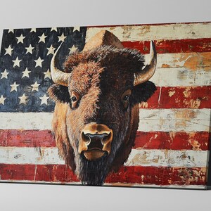 Patriotic Bison With American Flag Canvas Print, Framed or Unframed ...