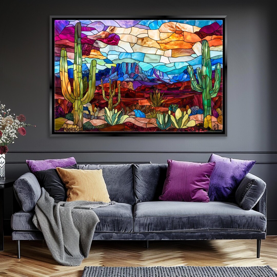 Vibrant Colorful Arizona Desert Stained Glass Style, Southwest Canvas ...