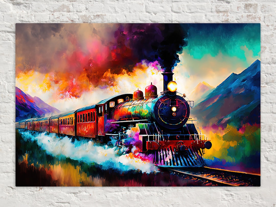 Train Art Print, Locomotive Canvas Painting, Colorful Art, Giclee ...