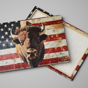 Patriotic Bison With American Flag Canvas Print, Framed or Unframed ...