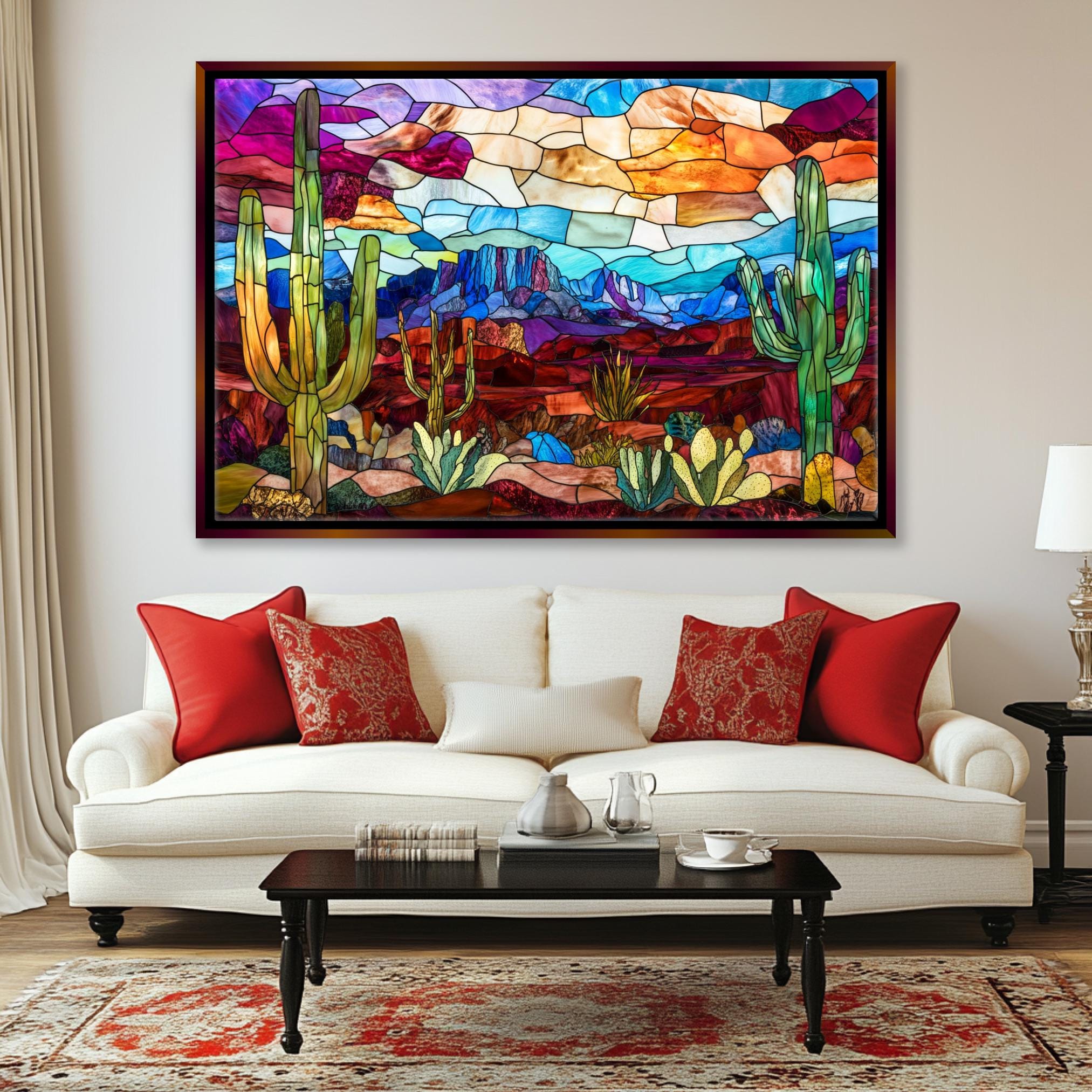 Vibrant Colorful Arizona Desert Stained Glass Style, Southwest Canvas ...