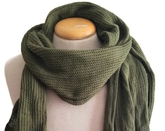 Pale Green Cotton Scarf, Warm Long Soft Autumn Big Natural Pale Green Cotton Scarf, Warm Long Soft Autumn Big Natural