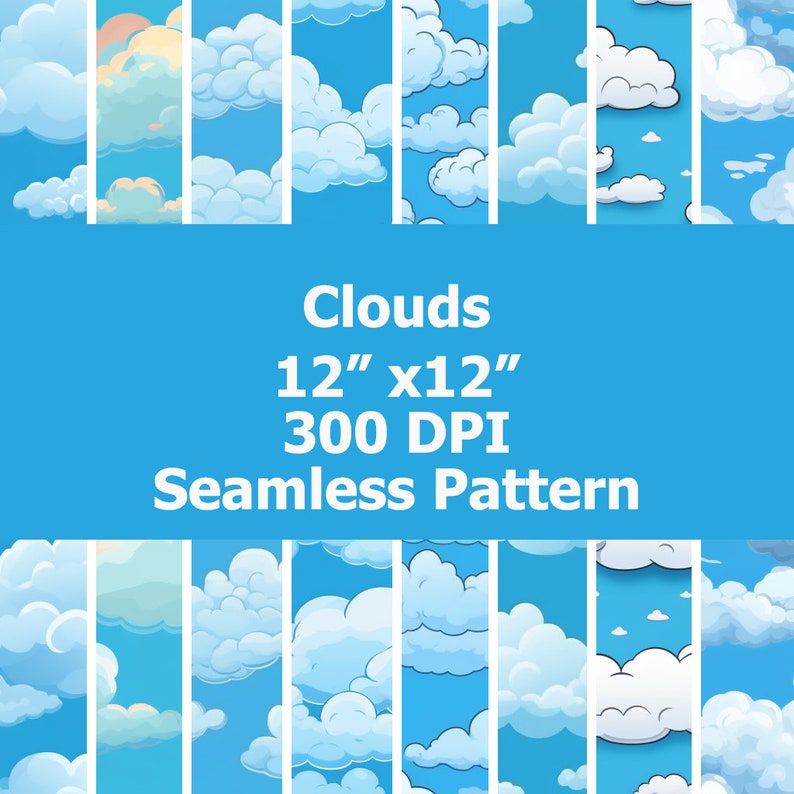 8 Seamless Clouds Patterns. Clouds Background. Sublimation Design ...
