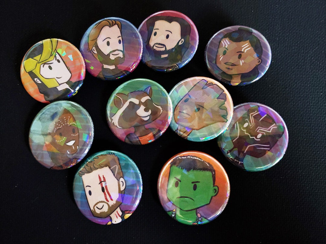 Sparkly MCU Buttons (thor, Hulk, Loki, Valkyrie, Bucky Barnes, Steve ...