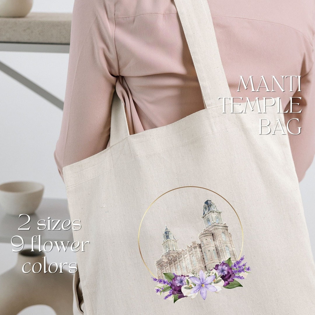 Manti Temple Tote Bag, Gold Ring Watercolor Temple, Custom Flower Color ...