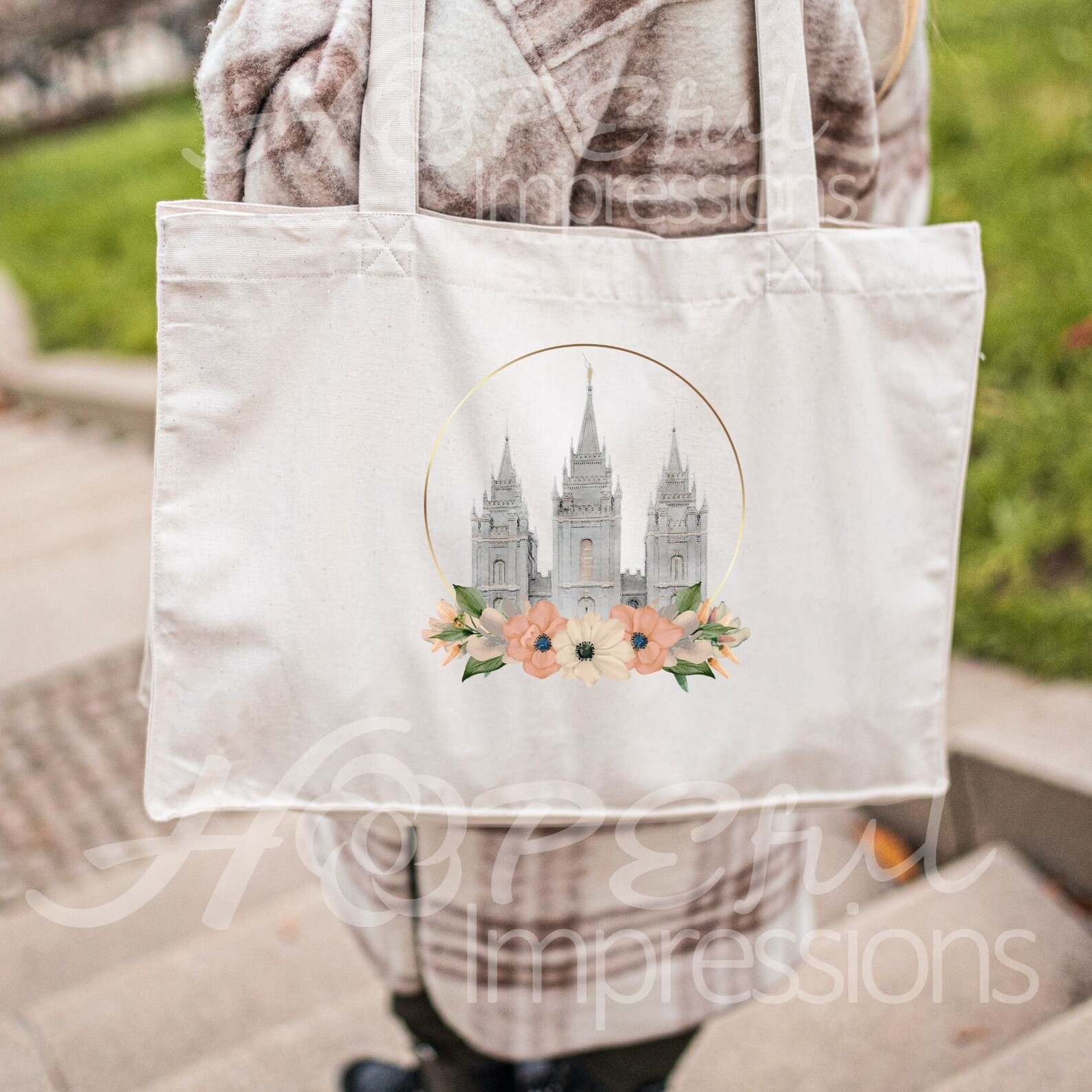 Salt Lake Temple Tote, Gold Ring Watercolor Temple, Custom Flower Color ...