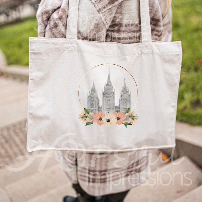 Salt Lake Temple Tote, Gold Ring Watercolor Temple, Custom Flower Color ...