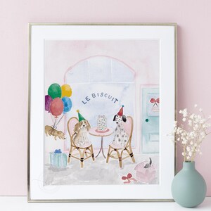 Dog Birthday Party Art Print, Watercolor Dog Cafe Print, Whimsical ...