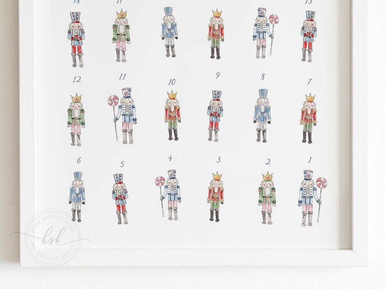 Nutcracker Advent Calendar, Cute Christmas Countdown Print, Watercolor ...