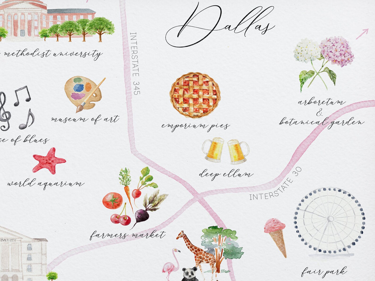 Dallas Texas Map Art Watercolor Illustrated Map PRINTABLE | Etsy