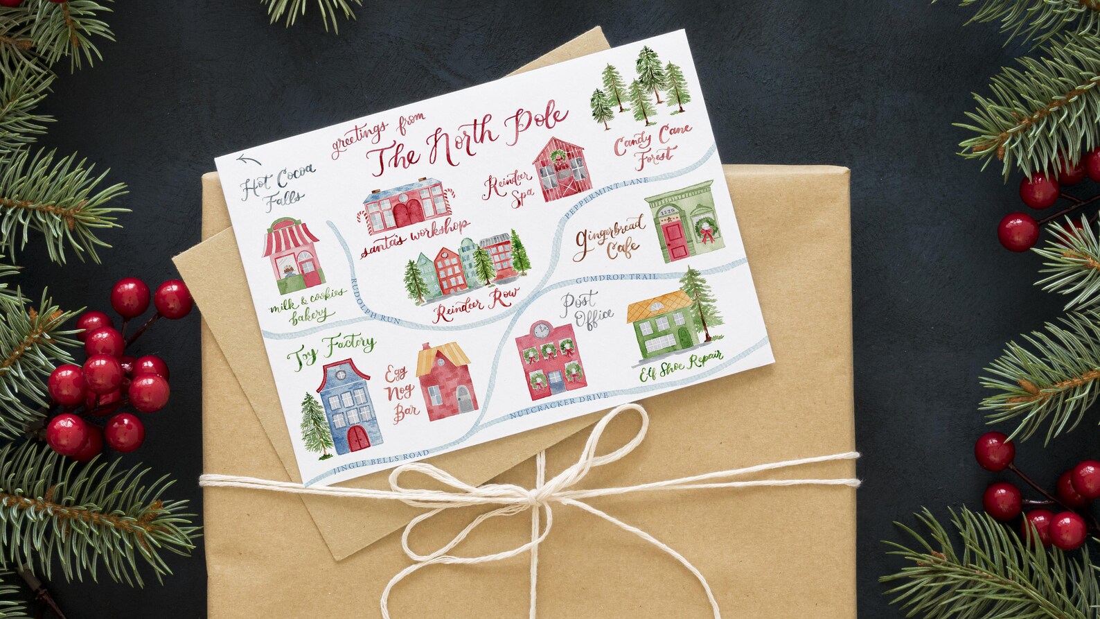 North Pole Christmas Card Printable Holiday Card Watercolor | Etsy